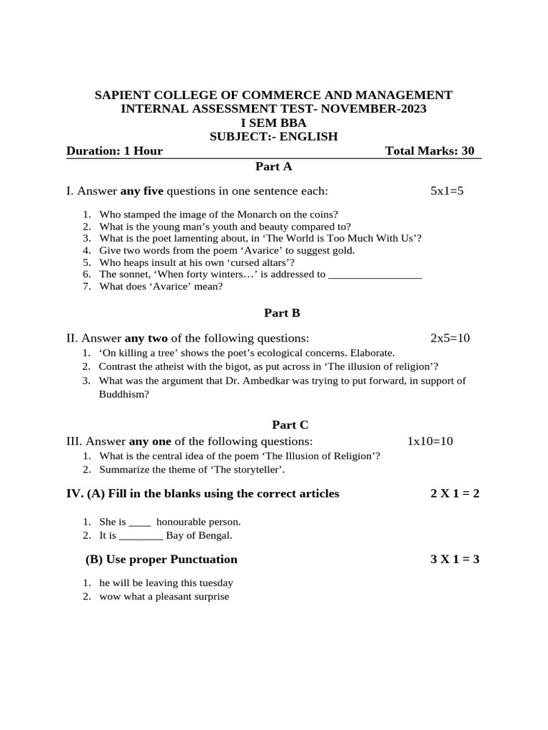 Ia Questions I Sem Bba, Bcom, Bca | PDF