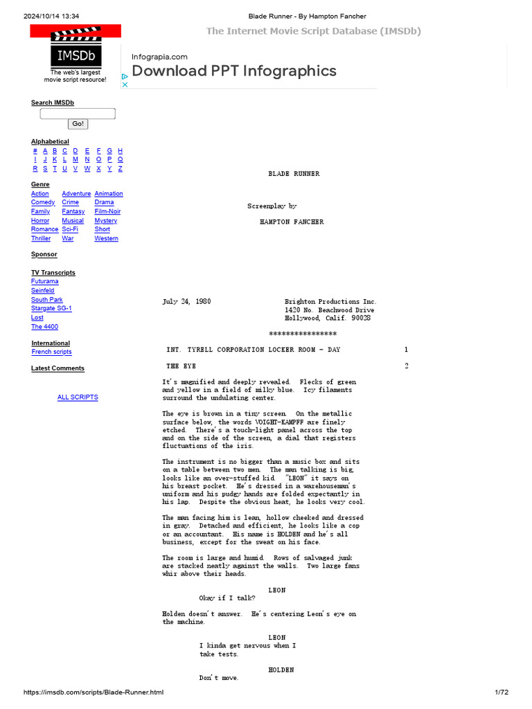 Blade Runner Script - by Hampton Fancher | PDF