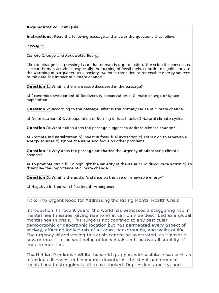 Argumentative Text Quiz | PDF | Mental Health | Climate Change