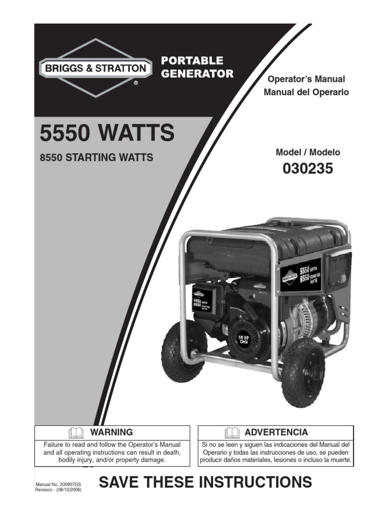 Briggs&Stratton 5550 Watts 8550 Starting Watts Generator | PDF ...