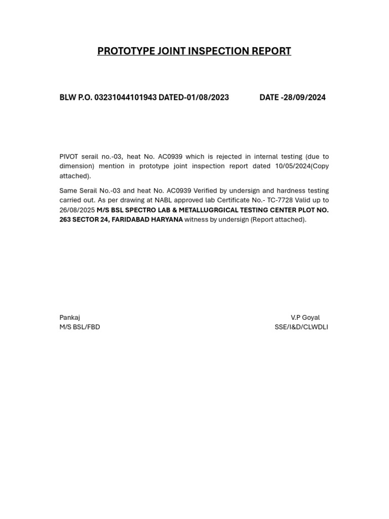 Prototype Joint Inspection Report: BLW P.O. 03231044101943 DATED-01/08 ...