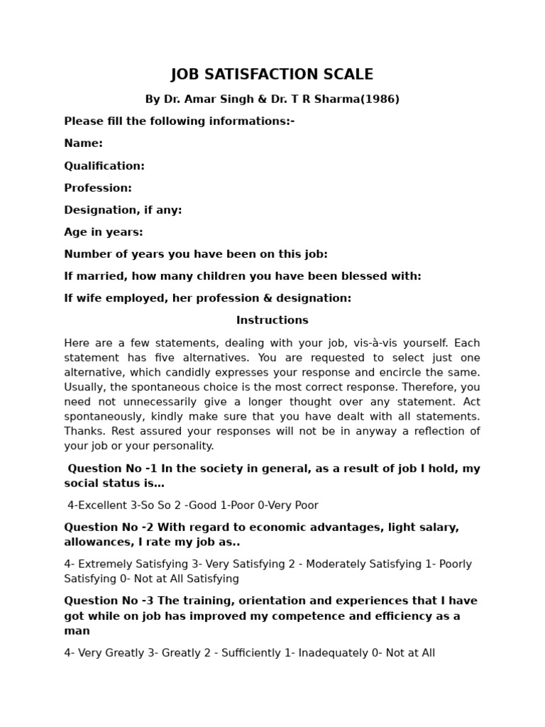 Job Satisfaction Scale by Singh & Sharma | PDF | Social Psychology