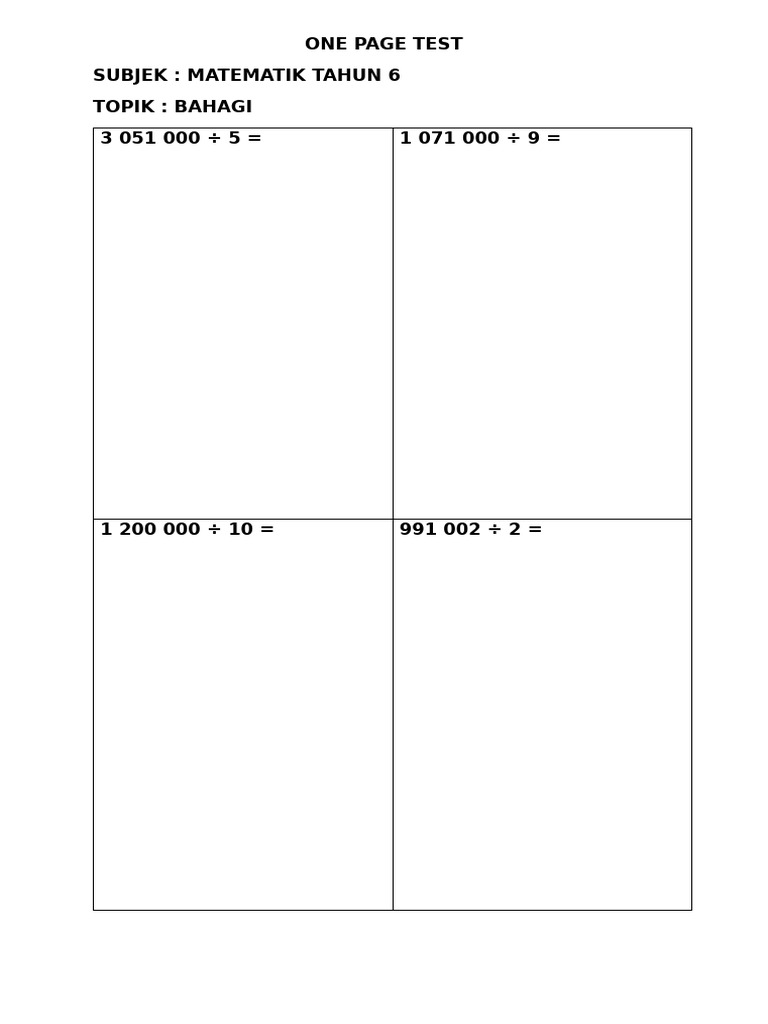 One Page Test Math Tahn 6 | PDF