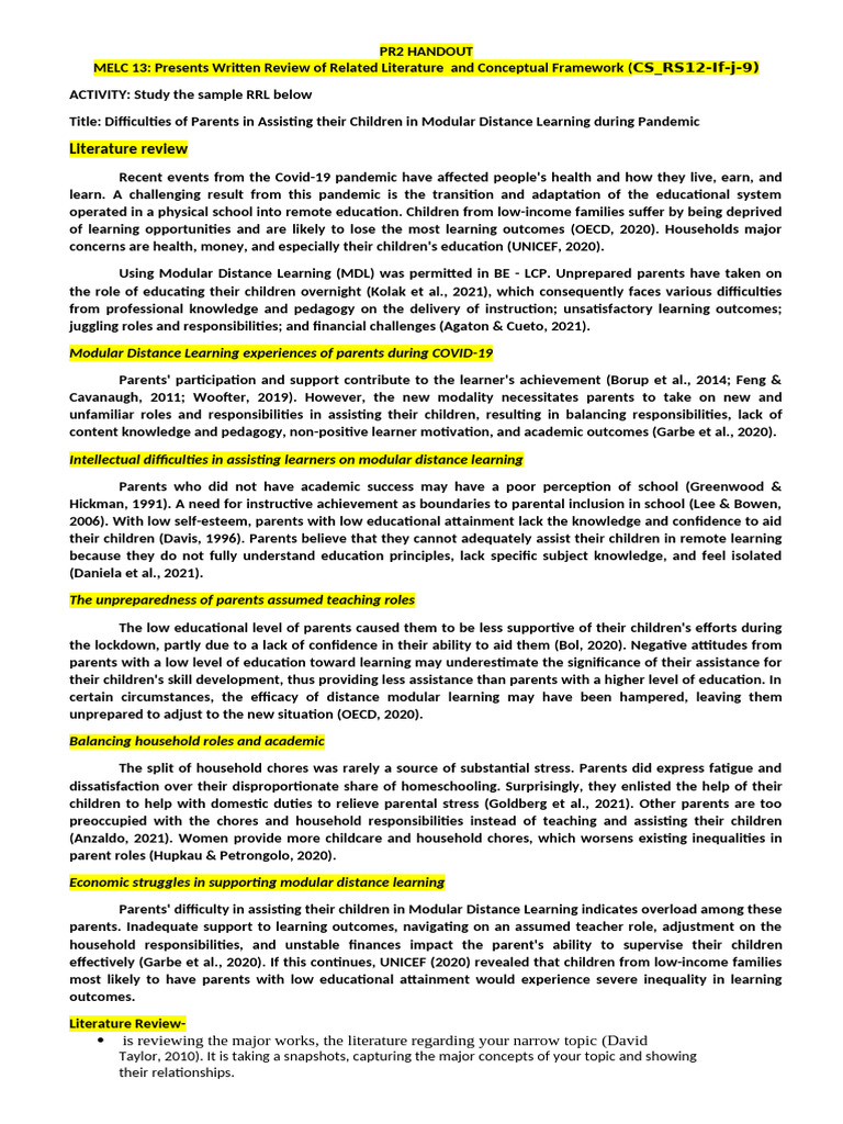 Handout PR2 Presents Wriiten RRL | PDF | Learning | Distance Education