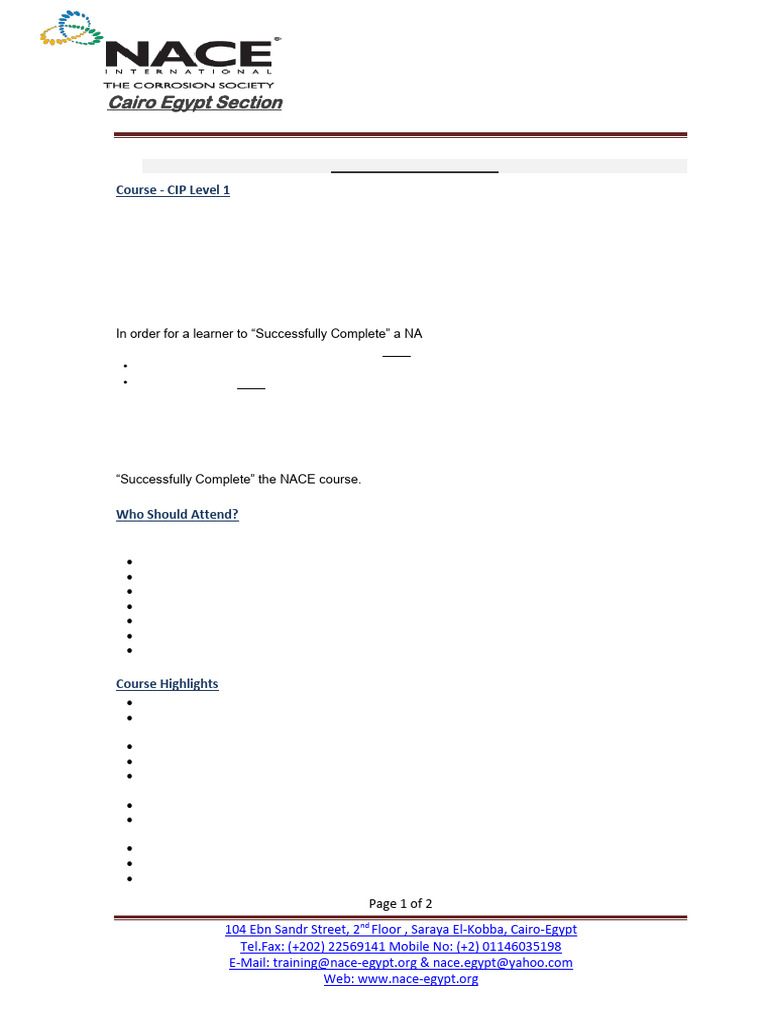 NACE CIP Level 1 Course Overview | PDF | Coating | Learning
