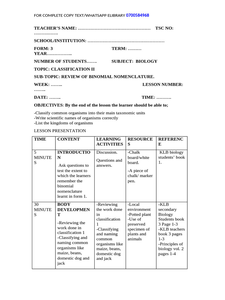 New Biology Lesson Plan | PDF | Taxonomy (Biology)