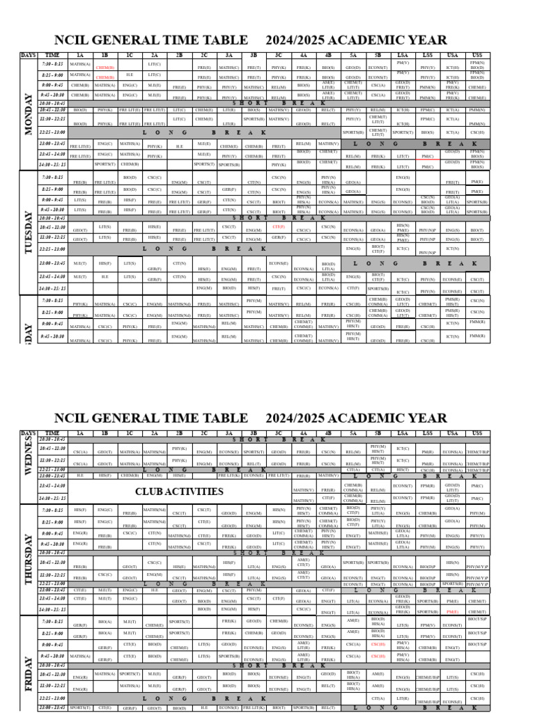 Time Table 2024 - 2025 | PDF