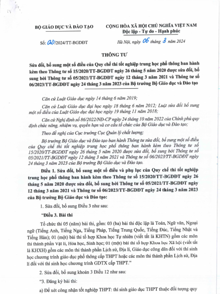 Quy Chê Thi TNTHPT Năm 2024 | PDF