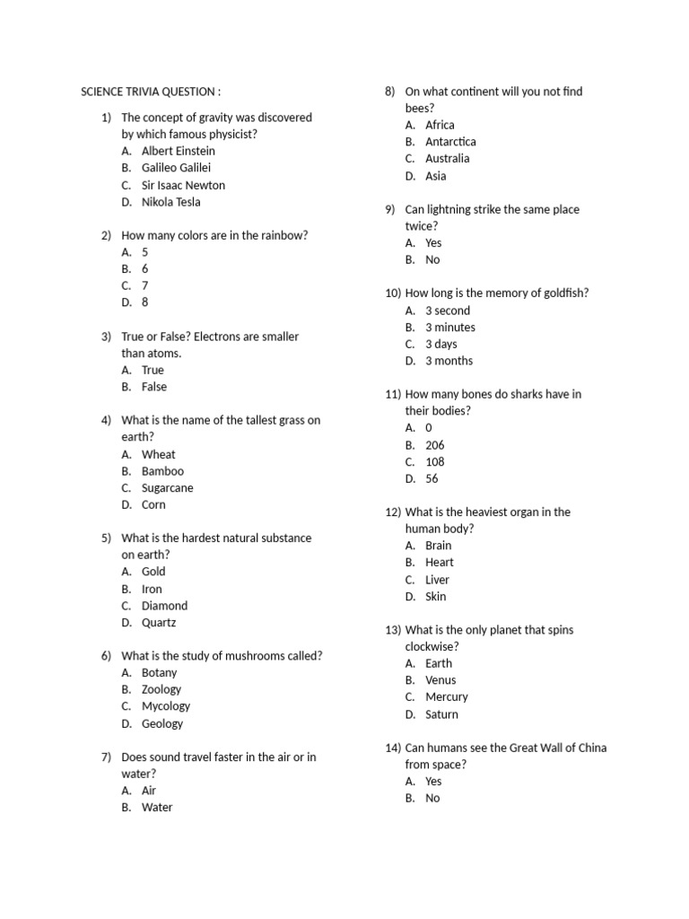 Science Trivia Question Pdf Planets Carbon Dioxide