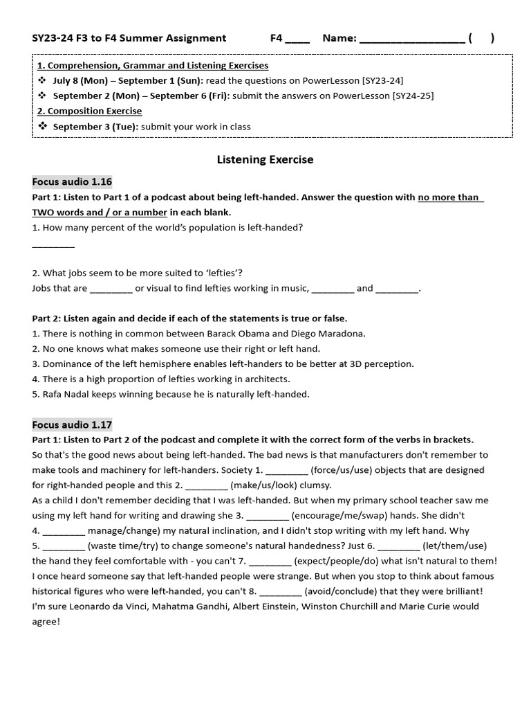 F3 To F4 Summer Assignment | PDF | Pinniped