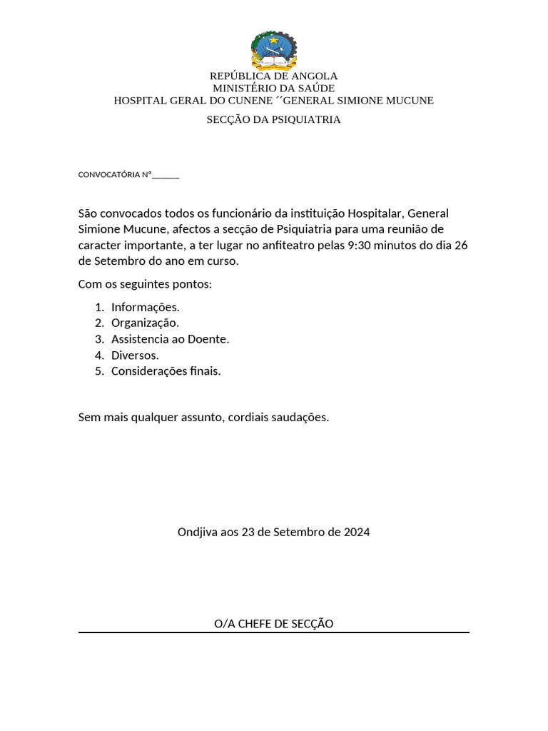 Reunião da Psiquiatria no Hospital Simione Mucene | PDF | Psiquiatria