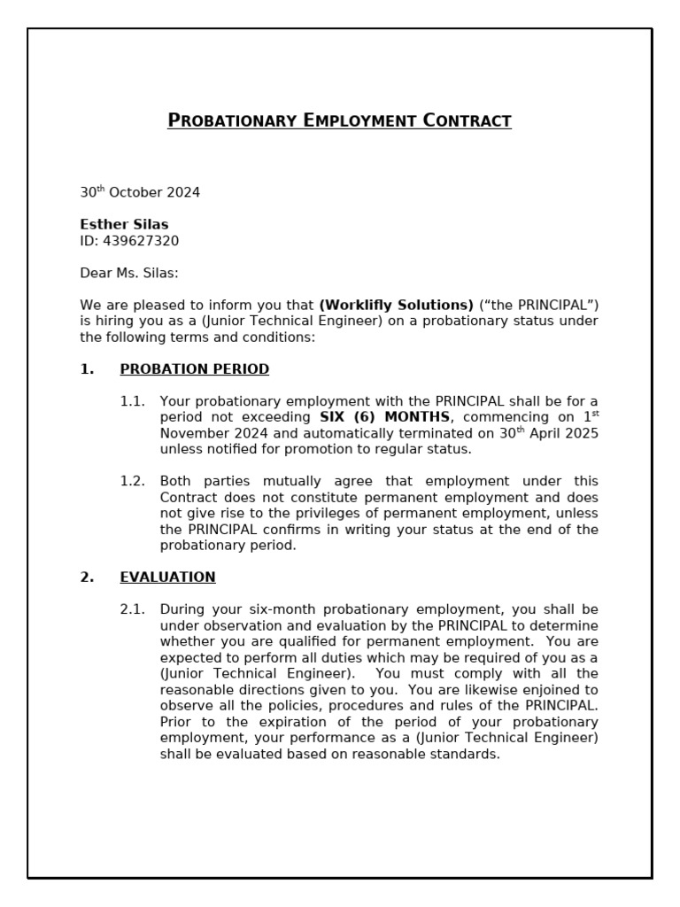 Sample Probationary Employment Agreement | PDF | Indemnity | Private Law