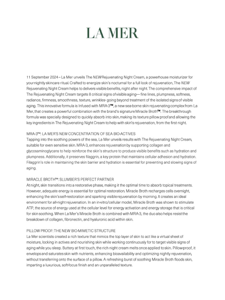 La Mer The Rejuvenating Night Cream Press Release | PDF