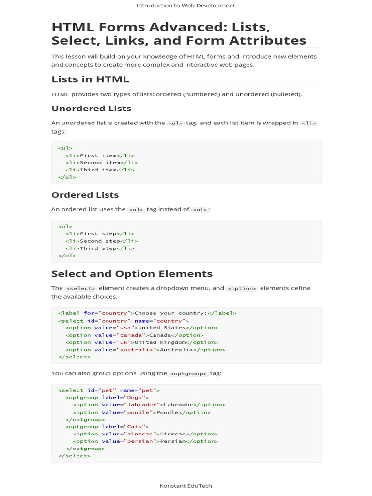 HTML Forms Advanced Lists, Select, Links, and Form Attributes | PDF ...
