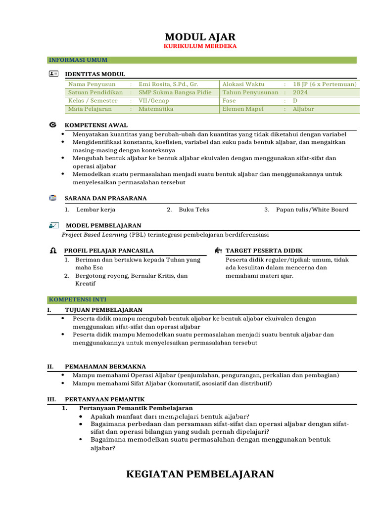 Modul Ajar Matematika Kls 7 Sem 2 - Perkalian Aljabar | PDF