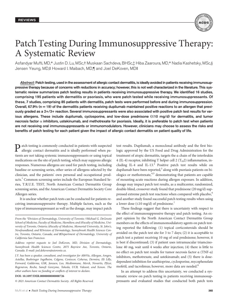 Mufti Et Al 2021 Patch Testing During Immunosuppressive Therapy A ...