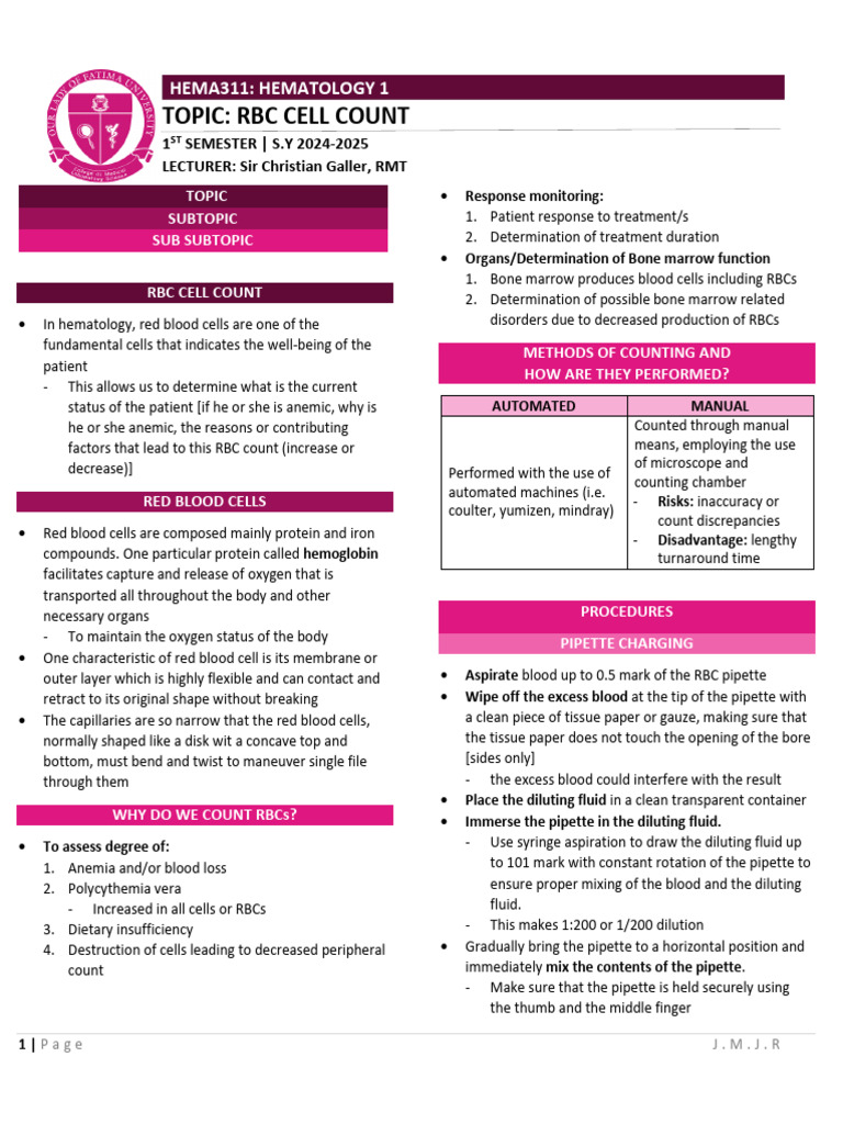 Hema Lab 3 - RBC Counting | PDF | Red Blood Cell | Blood Cell