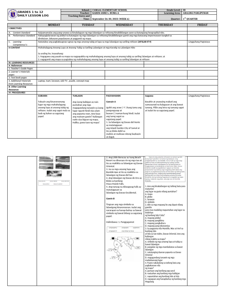 DLL - Araling Panlipunan 3 - Q1 - W6 | PDF