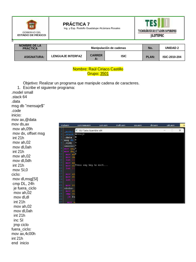 Prac 7 Manejo Cadenas Raúl Ciriaco Castillo | PDF | Desarrollo de ...