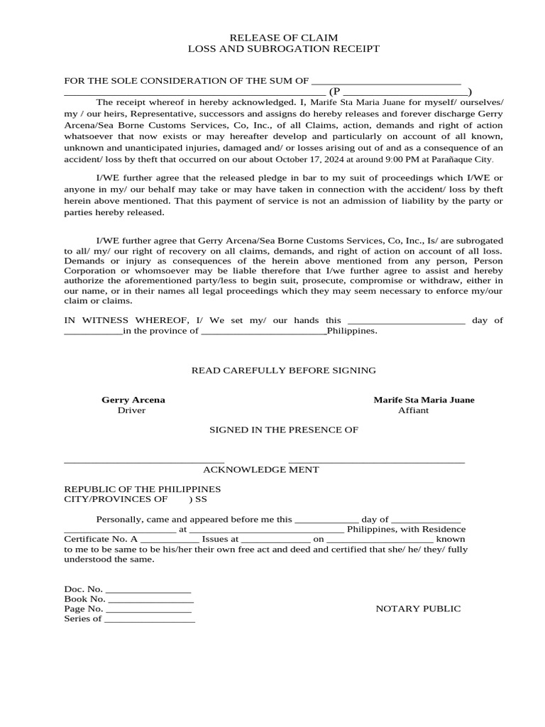 Release of Claim and Subrogation Receipt | PDF | Business Law | Justice