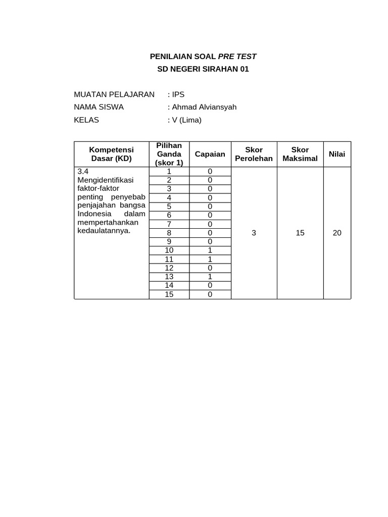 Penilaian Soal Pre Test | PDF