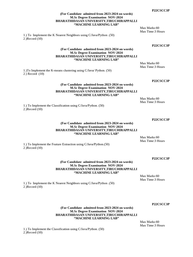 II PG ML Lab Question Paper | PDF | Applied Mathematics | Information ...