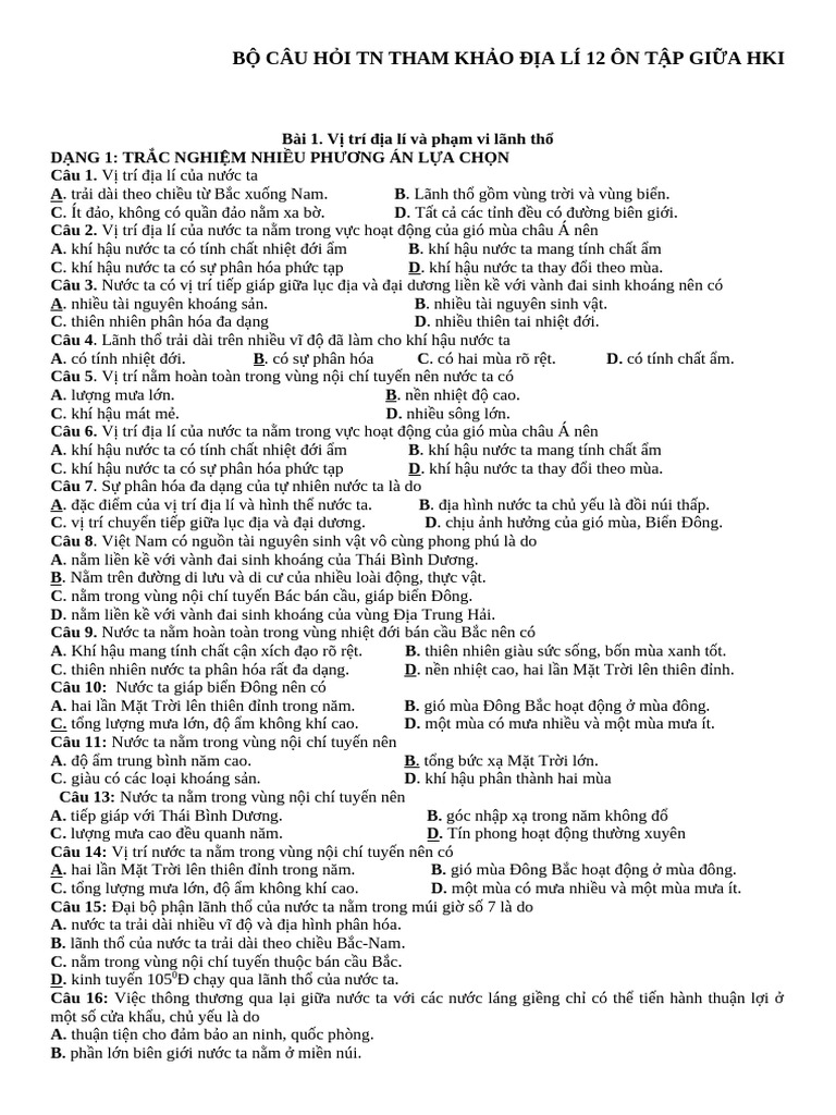 Bo Cau Hoi On Tap Giua Hk1 - 12 | PDF