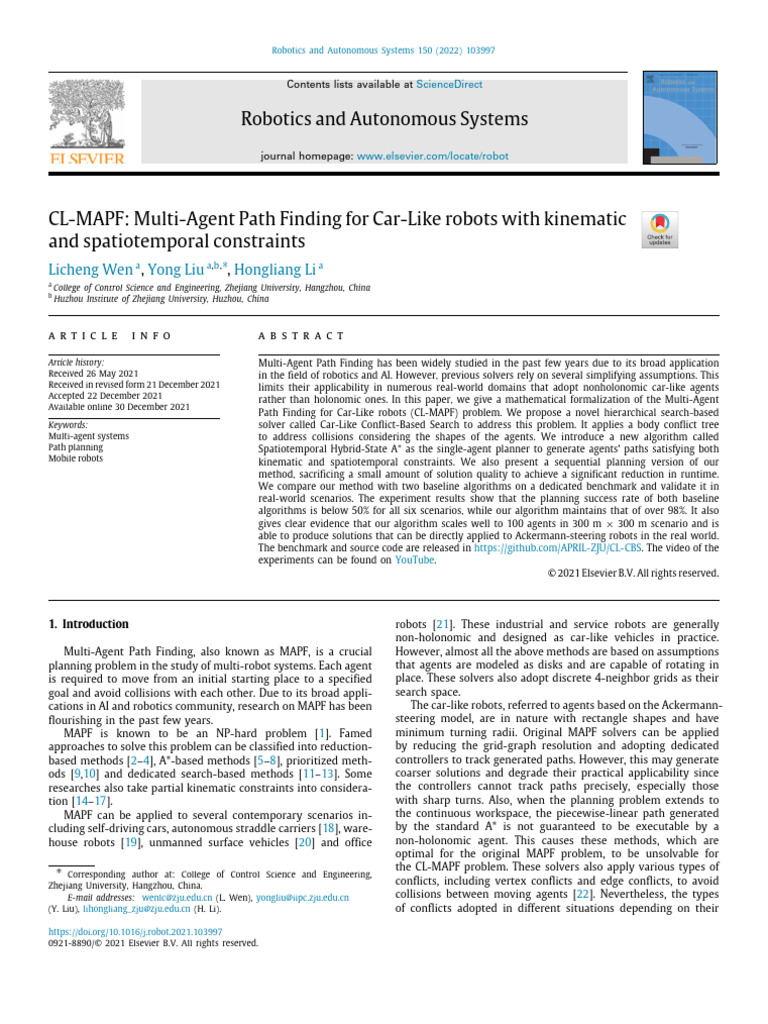 Cl Mapf Multi Agent Path Finding For Car Like Robots With Kinematic