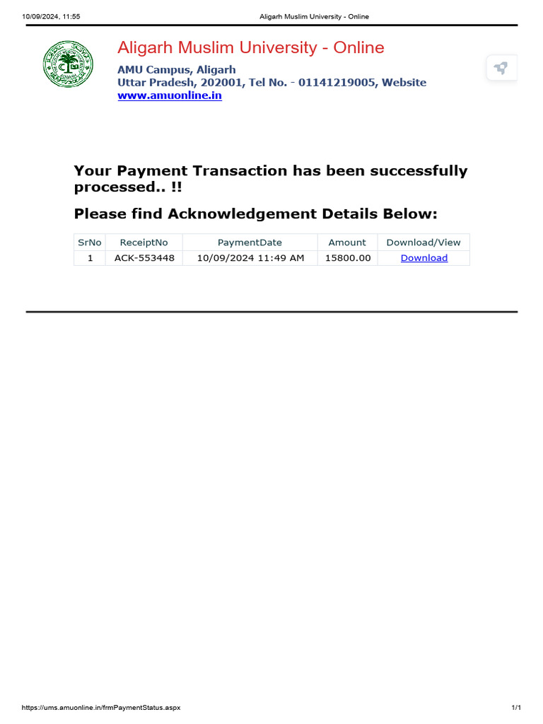 AMU Online Payment Confirmation | PDF | Finance & Money Management