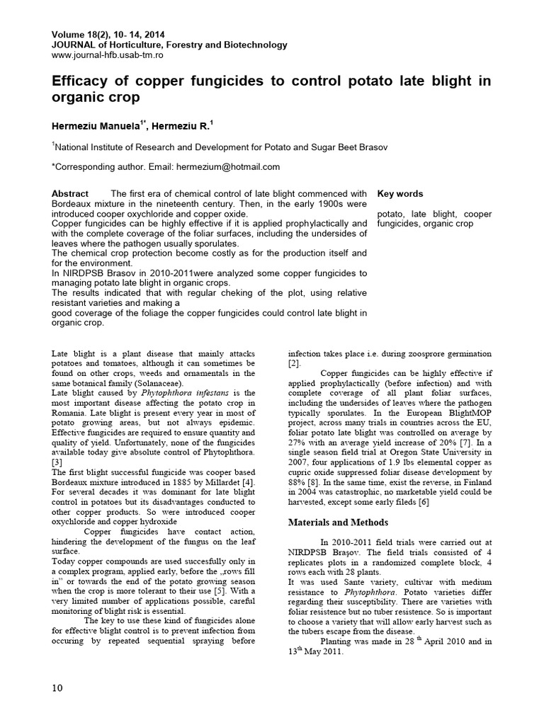 Efficacy of Copper Fungicides To Control Blight in Potato | PDF ...