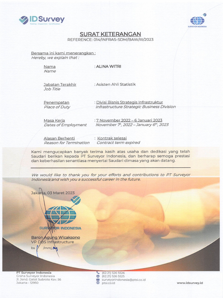 2022 Paklaring_ALINA WITRI SI | PDF