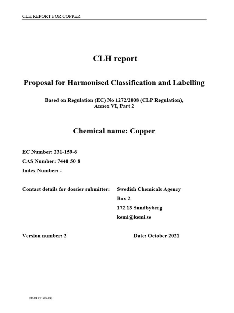 Copper CLH Report | PDF | Toxicity | Dangerous Goods