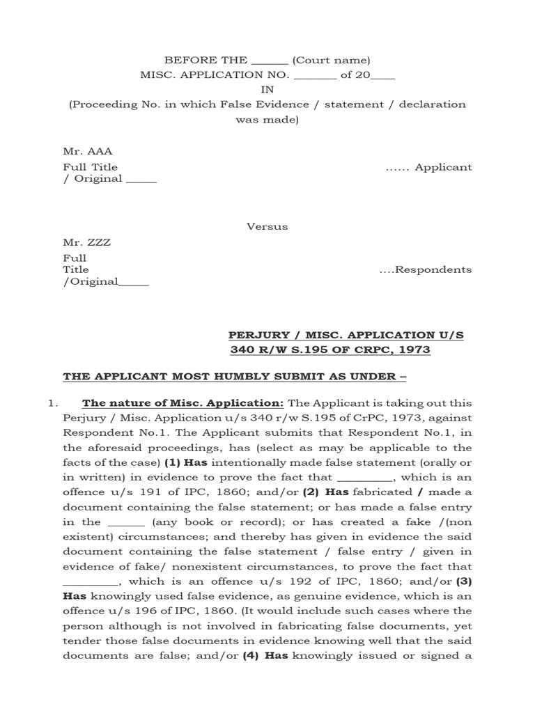 CRPC 340 Perjury Application Format | PDF | Discovery (Law) | Perjury