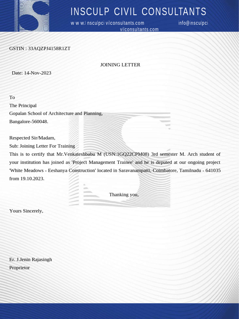 Joining Letter for Project Trainee | PDF