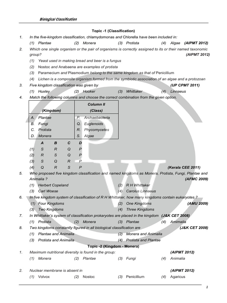 Biological Classification: (AIPMT 2012) | PDF | Bacteria | Archaea