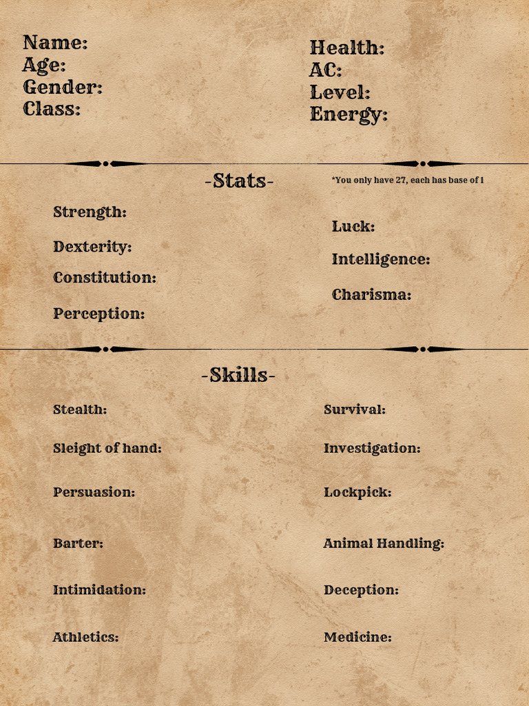 Character Stats and Attributes Template | PDF