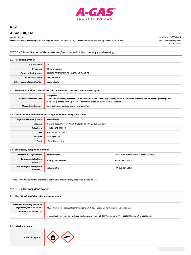 FREON R32 SDS | PDF | Fires | Firefighting