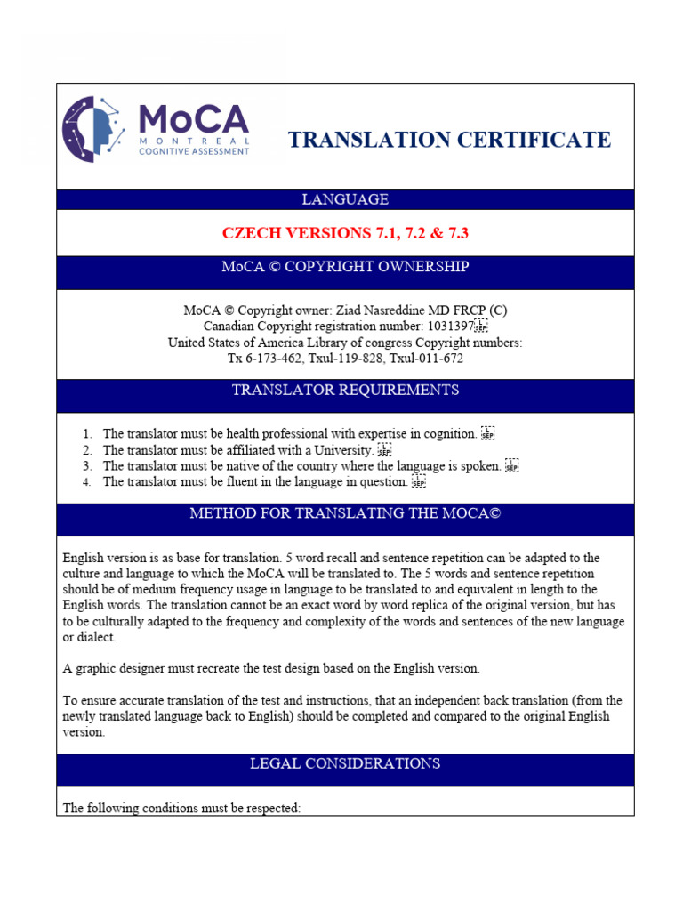 MoCA Translation Certificate- Version 7- Czech | PDF | Translations | English Language