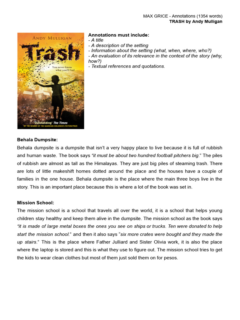 Annotations on "Trash" by Andy Mulligan | PDF