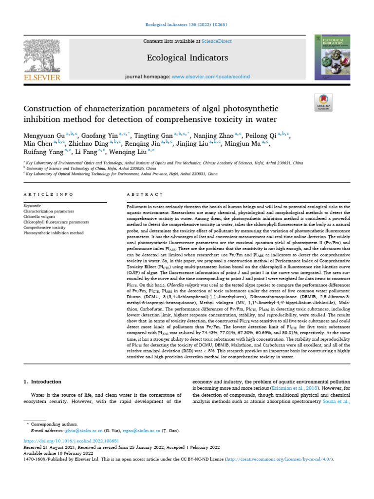 Construction of Characterization Parameters of Algal Photosyn - 2022 ...