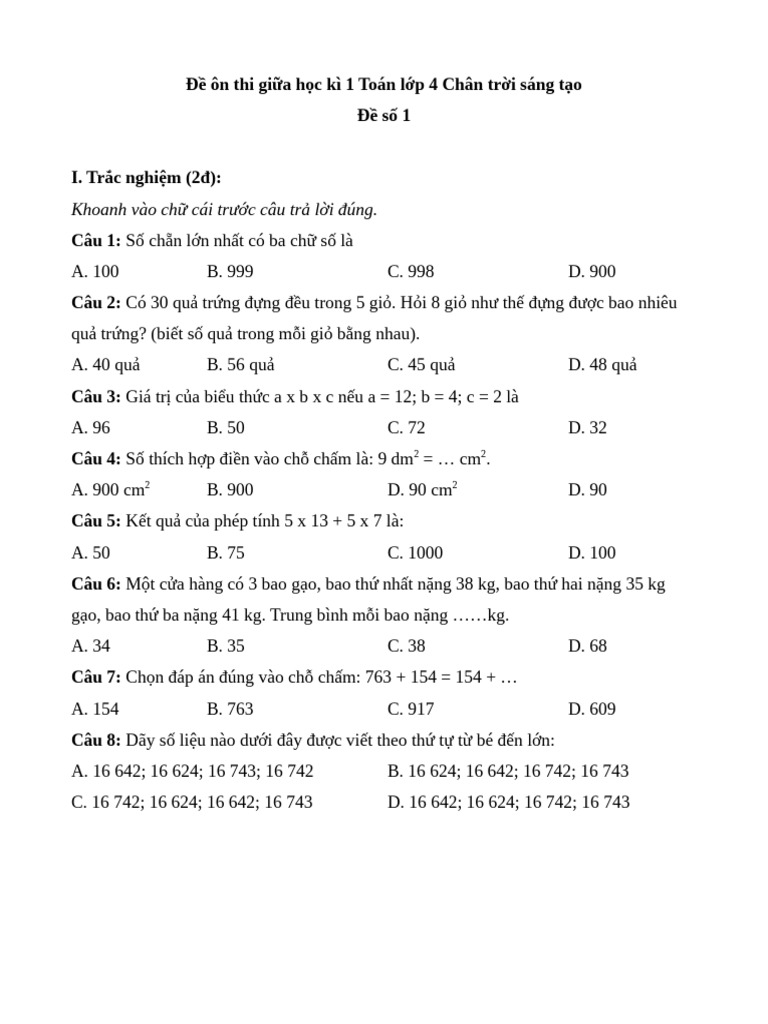 De On Thi Giua Hoc Ki I Toan Lop 4 CTST de 1 | PDF