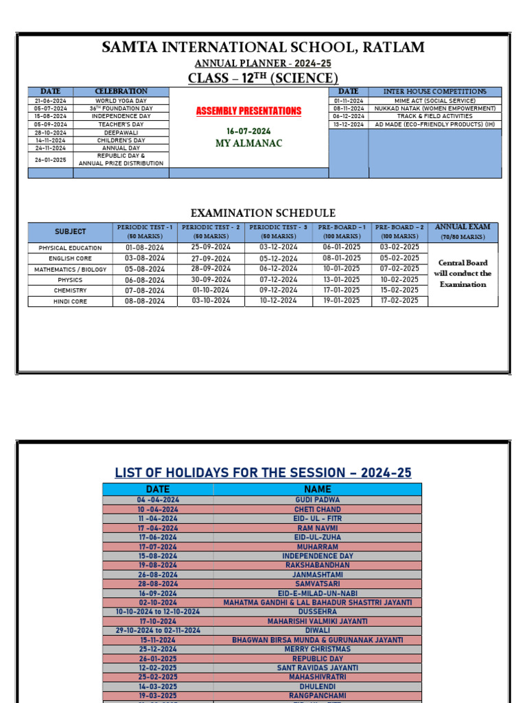 Class Xi8 - Annual Planner - 2024-25 | PDF | Religious Holidays ...