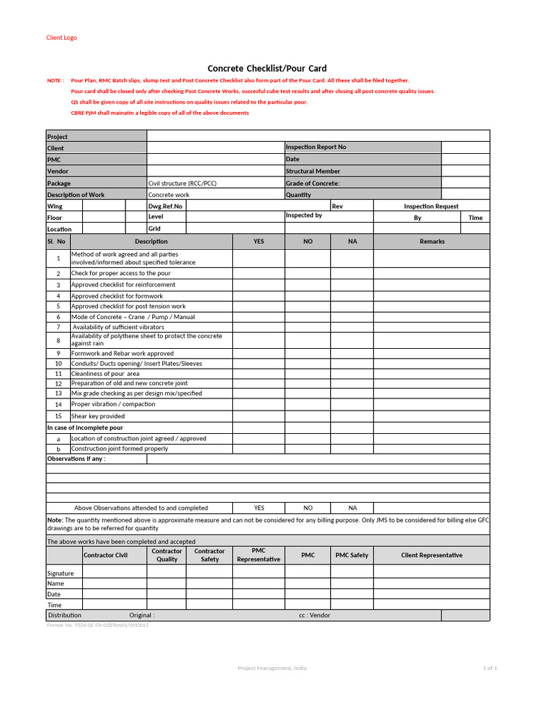 Concrete Works Checklist | PDF | Concrete | Building Technology