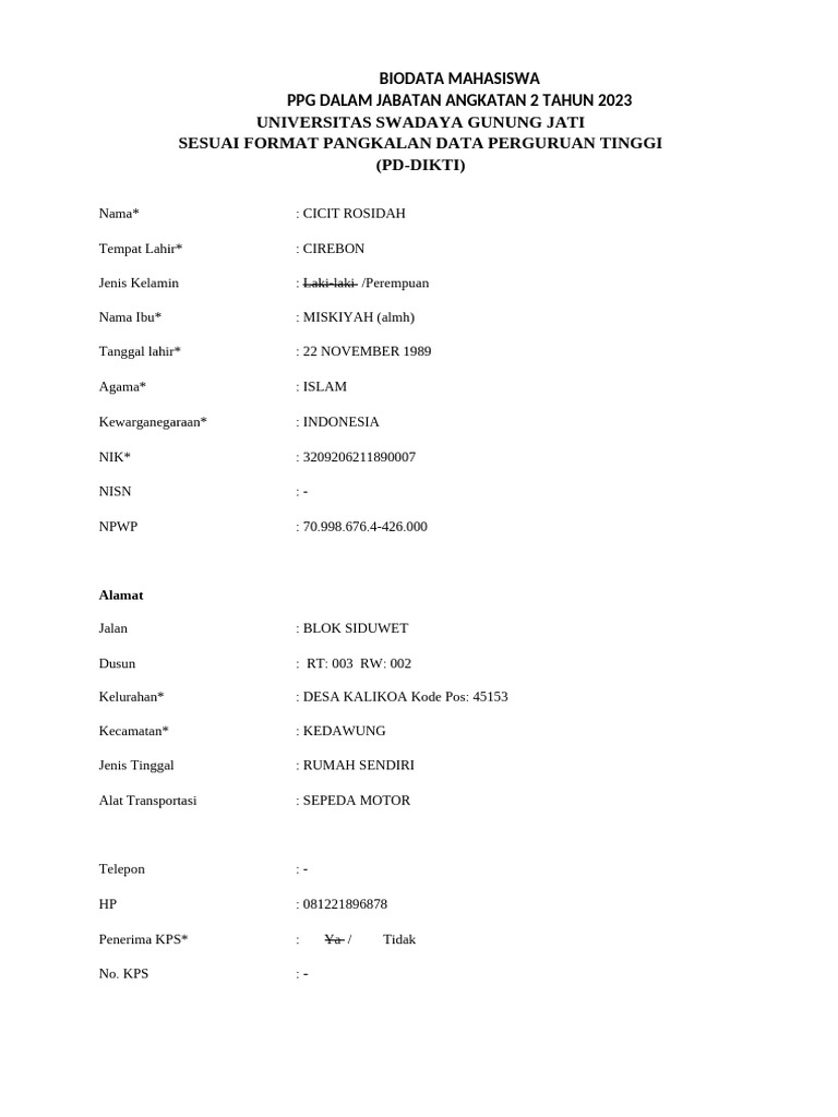 Biodata Cicit Rosidah PPG 2023 | PDF