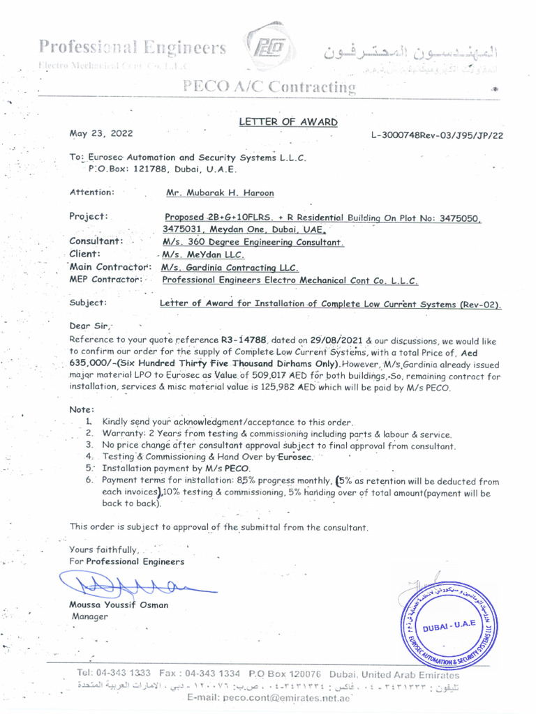 Revised3-Letter of Award-Eurosec (Azizi) (1710573) | PDF