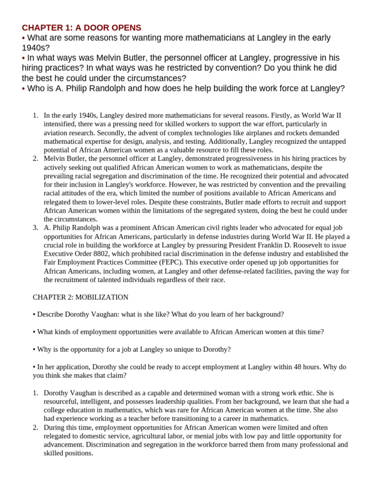 Hidden Figures CHAPTER 1 Till 10 Practice Key | PDF | Katherine Johnson ...