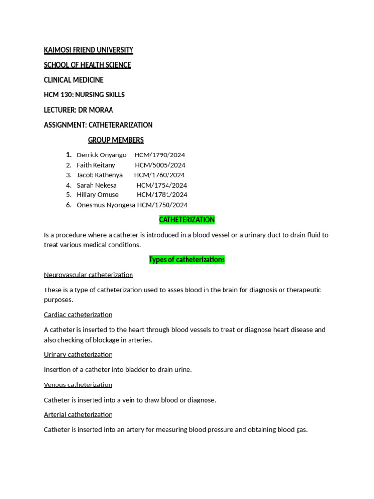 Catheterization Assignment Overview | PDF | Catheter | Urinary Incontinence