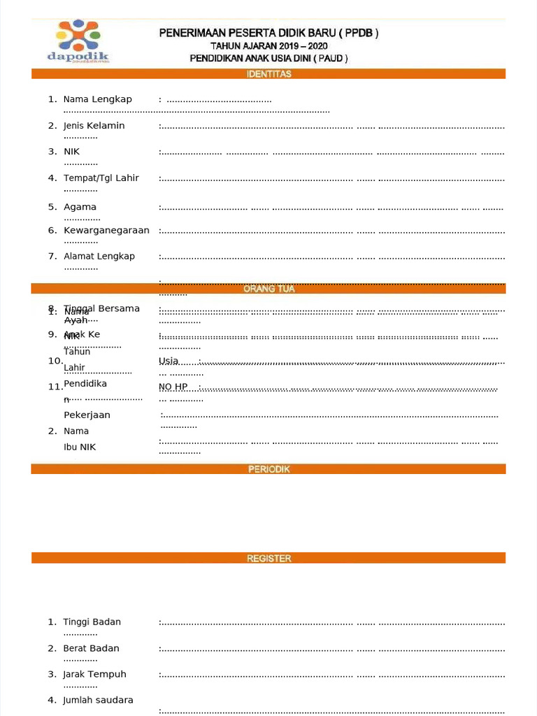 PDF Formulir Pendaftaran Siswa Paud TK KB Tpa Doc Tahun Ajaran 2019 ... PDF Formulir Pendaftaran Siswa Paud TK KB Tpa Doc Tahun Ajaran 2019 ...