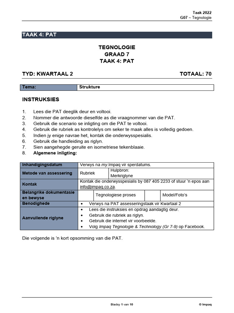 Tegnologie Graad 7 Taak 4: Pat Tyd: Kwartaal 2 Totaal: 70 | PDF