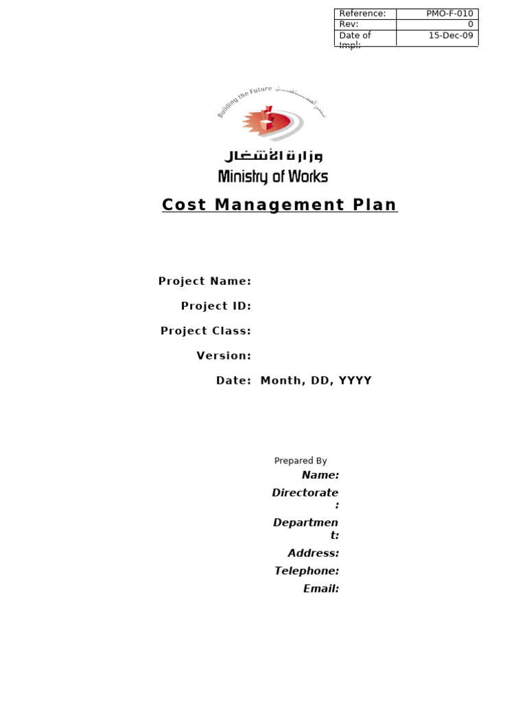 MOW Cost Management Plan - Template | PDF | Project Management | Business